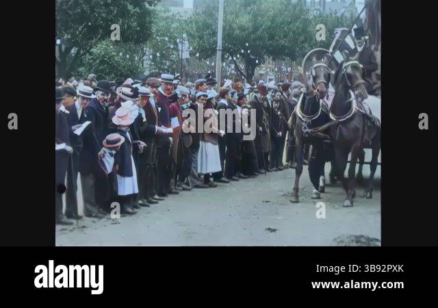 ENGLAND - 1902 - Parade floats are dedicated to local businesses in a ...
