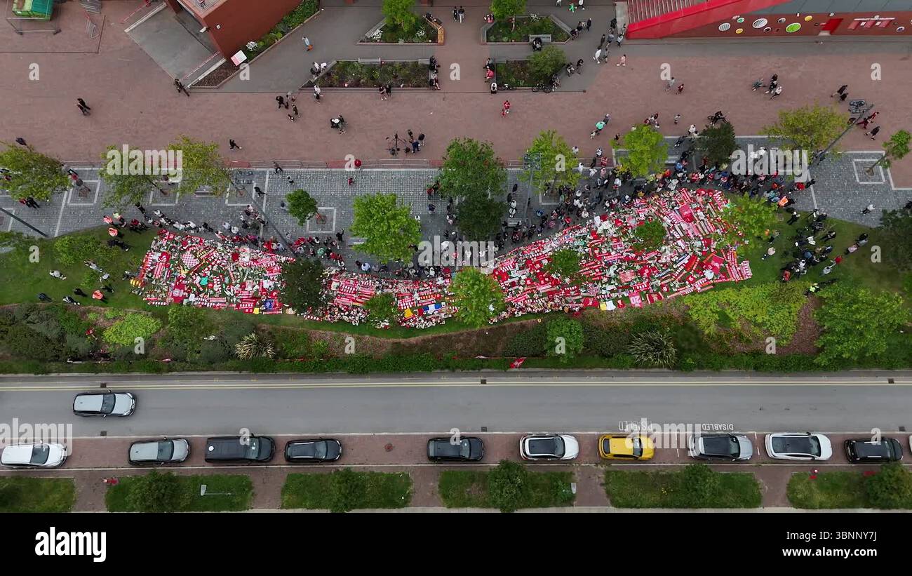 Drone footage of floral tributes to Diogo Jota at Anfield Stadium Stock ...