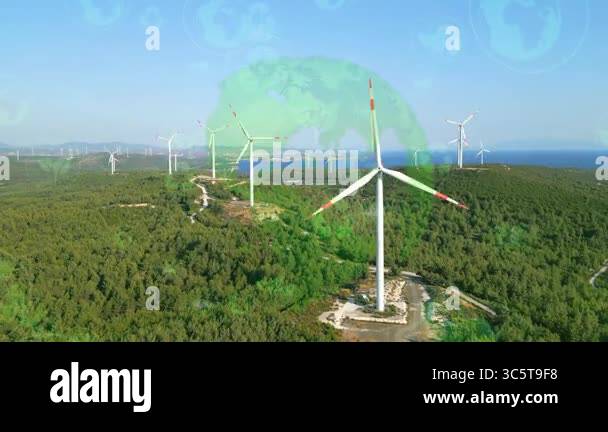 Alternative Energy. Wind farm. Aerial view of horizontal-axis wind turbines generating ...