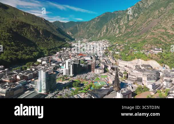 Aerial view of Andorra la Vella, the capital of Andorra, in the ...