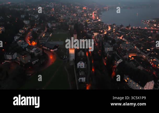 Musegg Wall and its nine towers aerial view at night overlooking ...