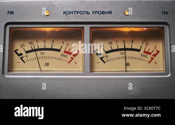 Classic analog VU meters on a retro audio device, displaying changing ...