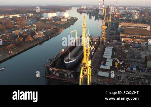 Shipyard with Dry Dock, Cranes, and Industrial Landscape. Szczecin ...