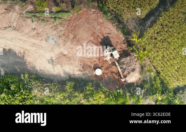 Backhoe machine equipment and soil work in top view. Construction by ...