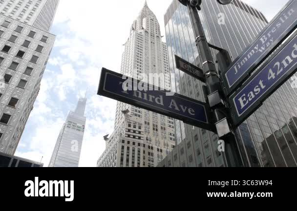 New York City crossroad, street intersection road sign. Chrysler building, Midtown district, 42 ...