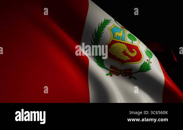 A closeup, spotlight-lit realistic 3D animation of the Peruvian flag ...