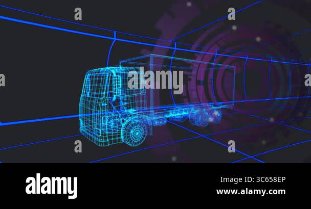 Animation of futuristic truck wireframe design with digital grid ...