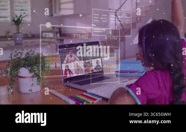 Child in school, studying online with animation data overlay at home. E-learning, technology ...