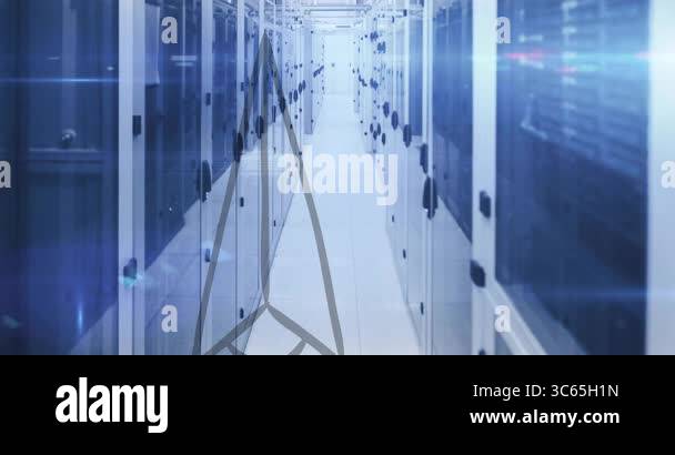 Data center corridor with server racks and digital data overlay ...