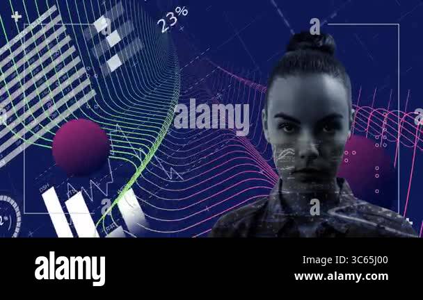 Animation of woman's face overlaid on graphs and world map for data ...