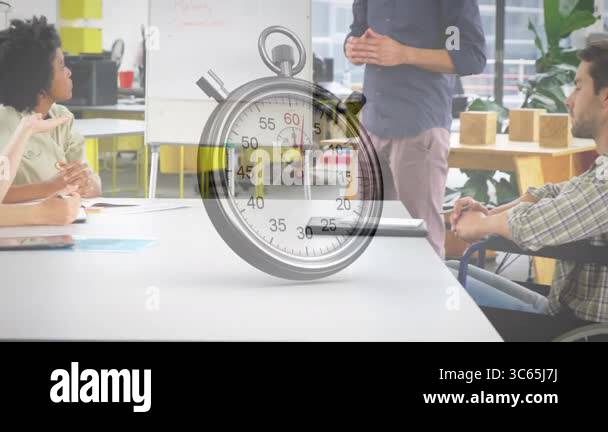 In office, business meeting with stopwatch animation overlaying scene ...
