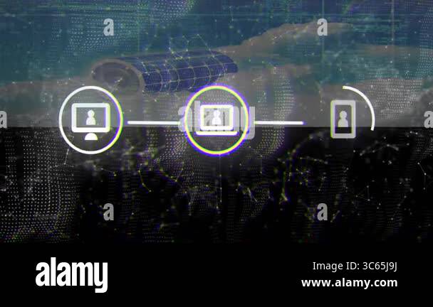 Digital network animation with connected devices over abstract ...