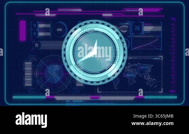 Displaying data charts and world map, futuristic animation with circular element. Artificial ...