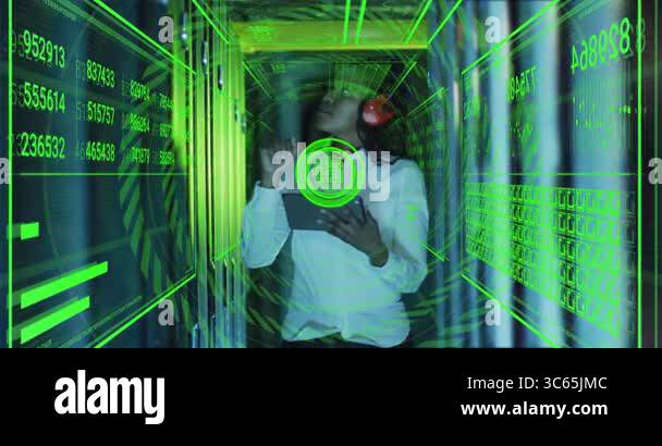 Using tablet with green digital data animation overlay in school ...
