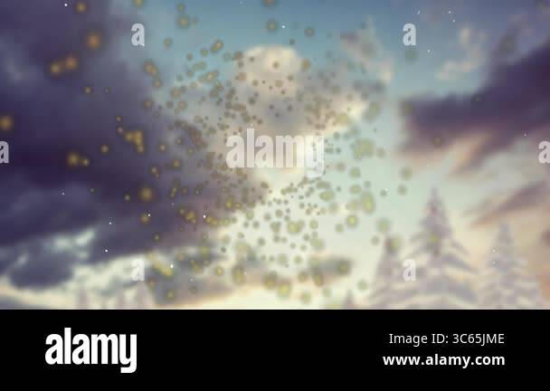 Floating colorful particles over cloudy sky background, creating animation effect. Fantasy ...