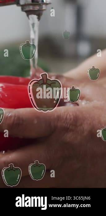 Animation of pepper icons over caucasian man washing vegetables ...
