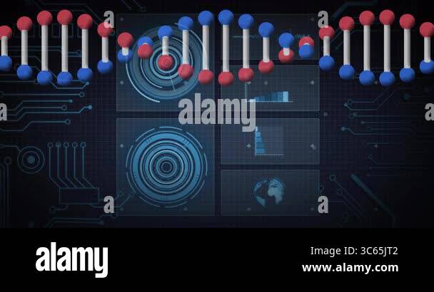 DNA strand with binary coding, processing scientific data in animation ...