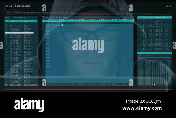 Working on animation, hacker in hooded jacket coding on computer screen ...