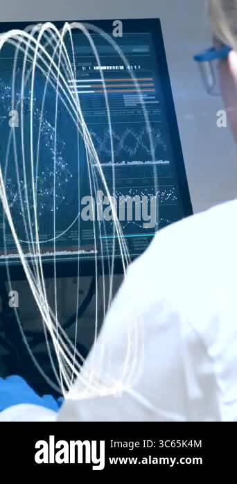 Animation of circles spinning over female scientist using computer. global science, research ...