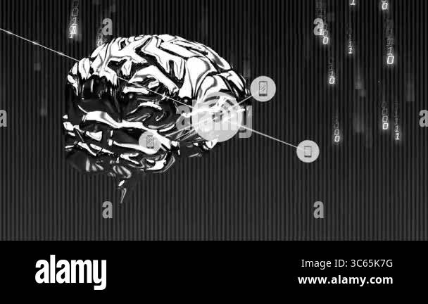 Animation of digital brain with binary code and network connections in ...