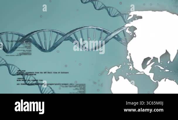 DNA strands and binary coding animation over globe illustration on teal ...