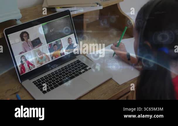 Child participating in online class with digital data processing animation overlay. E-learning ...