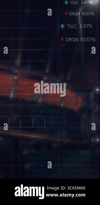 Animation of financial graphs and data over road traffic at night ...