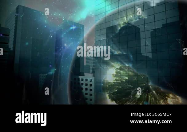 Glowing planet and stars in futuristic cityscape with animation ...