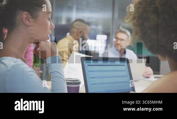 In office, diverse team discussing financial charts with animation ...