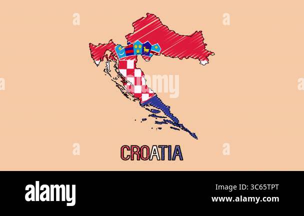 Croatia Hand Drawn Cartoon Animated Map with Flag Drawn Inside the ...