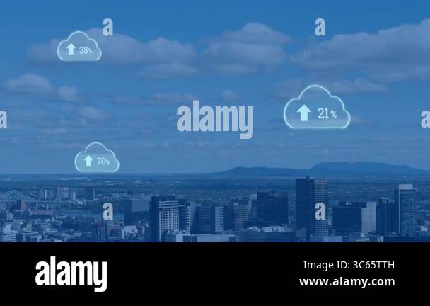 Animation of cloud icons with percentage symbols over cityscape ...