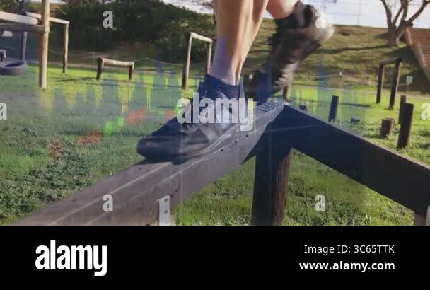 Balancing on beam, person with financial graph animation overlay in ...