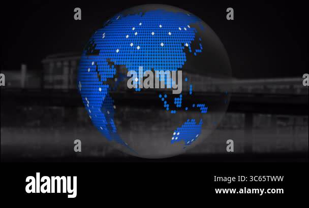 Rotating digital globe with pixelated continents over urban background ...