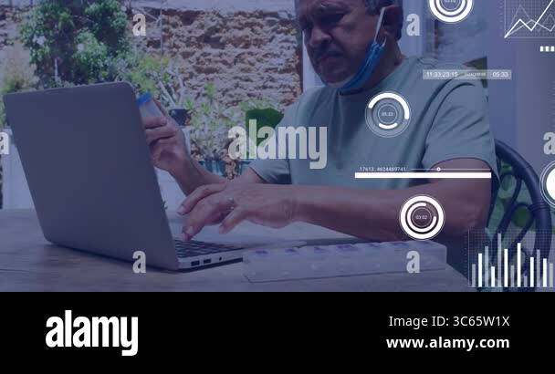 Using laptop, man analyzing data with animation graphics in outdoor ...