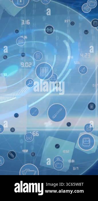 Digital animation of network of multiple digital icons against round ...