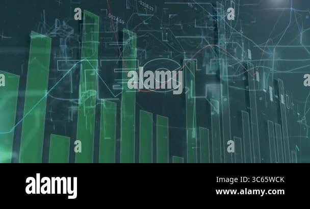 Green financial graphs and TECH text over digital data processing ...
