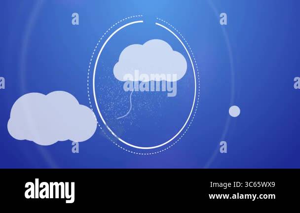 Digital network animation with clouds, circular design over blue ...