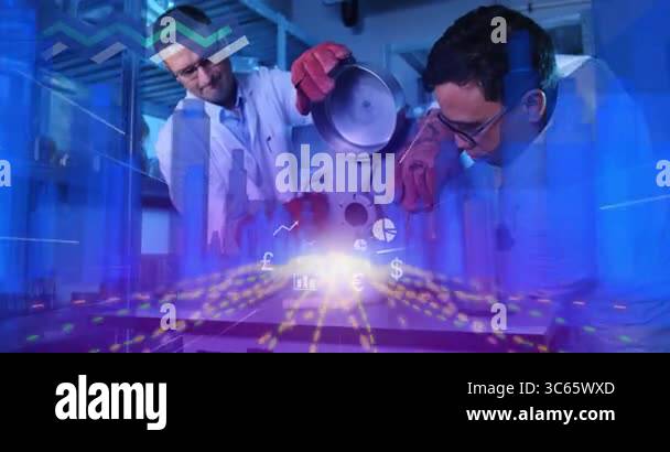 Scientists in lab coats conducting experiment with digital data ...