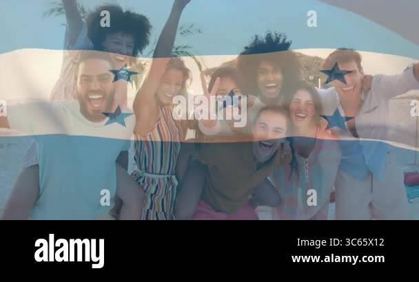 Celebrating on beach, friends with flag overlay, enjoying animation ...