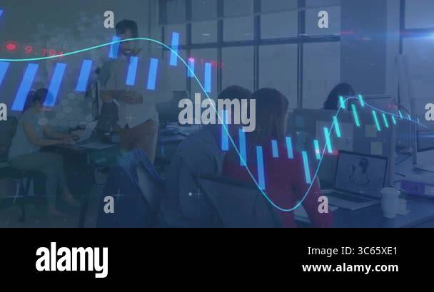 Financial data graphs animation over diverse professionals working in ...