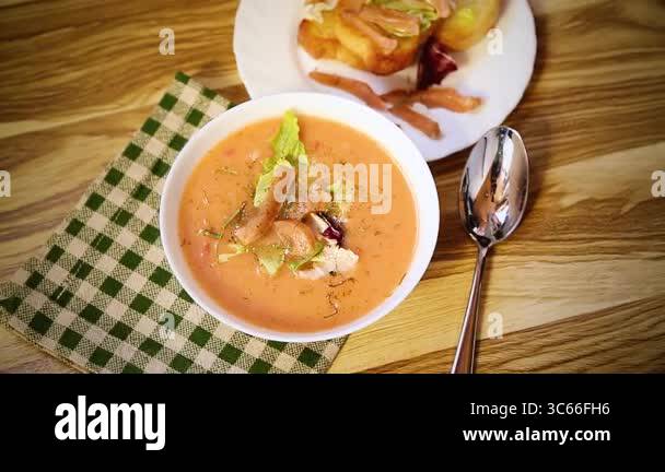 Dietary fish soup-puree with salmon on a light background Stock Video ...