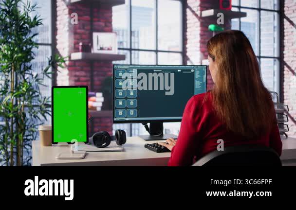 Freelancer interacting with smart AI virtual assistant next to mockup ...