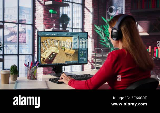 Woman at home creating a 3D render of an apartment interior layout ...