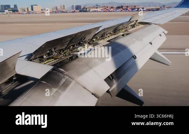 A close-up view of an airplane wing flap deployed during landing ...