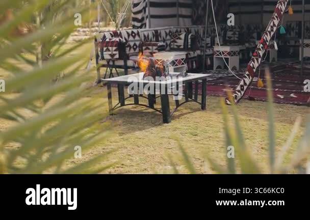 Traditional Arabian Campfire in a Bedouin Tent. Video. A burning ...
