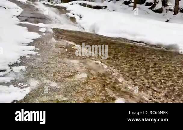 A serene stream gracefully flowing through the melting snow ...