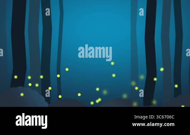 Glowing fireflies light up a dark forest, creating a magical and ...