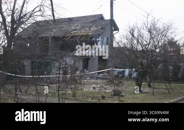 Consequences of military actions, destroyed building, close-up. Damage ...