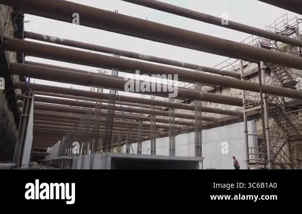 Construction of metro station features large steel support beams for ...