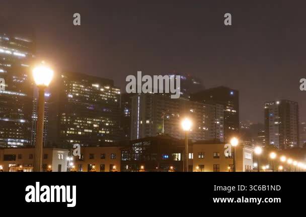 San Francisco Downtown Skyline from Pier 7 Night Time Lapse Pan R ...